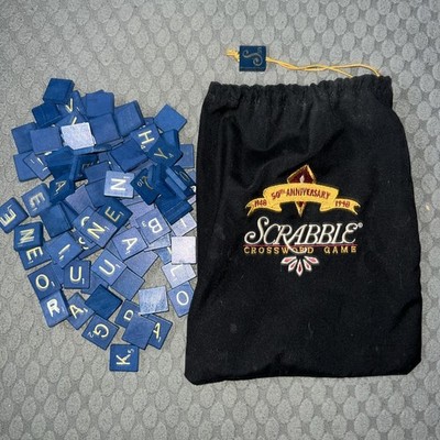 Scrabble 50th Anniversary 100 Wood Blue Tiles Gold Letters Full Set ...