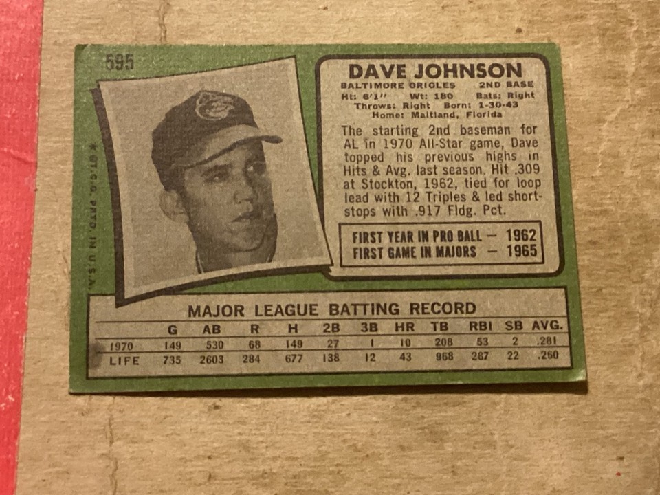 1971 Topps High Number #595 Dave Johnson Baseball Card - EX+ - Lite ...