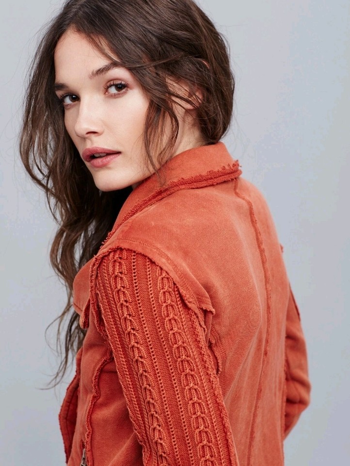 free people ruffle Moto sweater jacket Kenit double breasted ...
