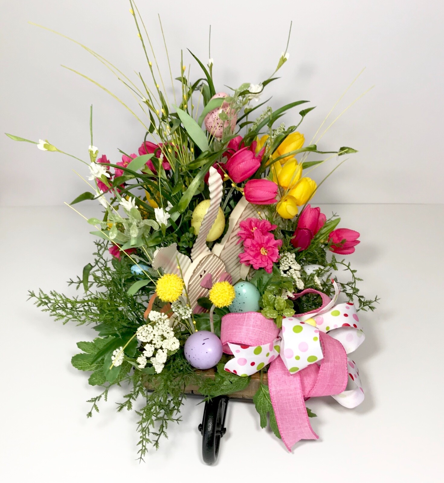 WOODEN EASTER BUNNY RABBIT WHEELBARROW EGGS LRG CENTERPIECE SPRING ...