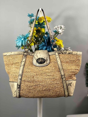 COACH Hampton Python Leather Trims Straw Turn Lock Shoulder Tote Bag ...