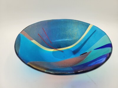 8" GAYA ART GLASS Fused Glass Dichroic Bowl Signed Blue Green Copper ...