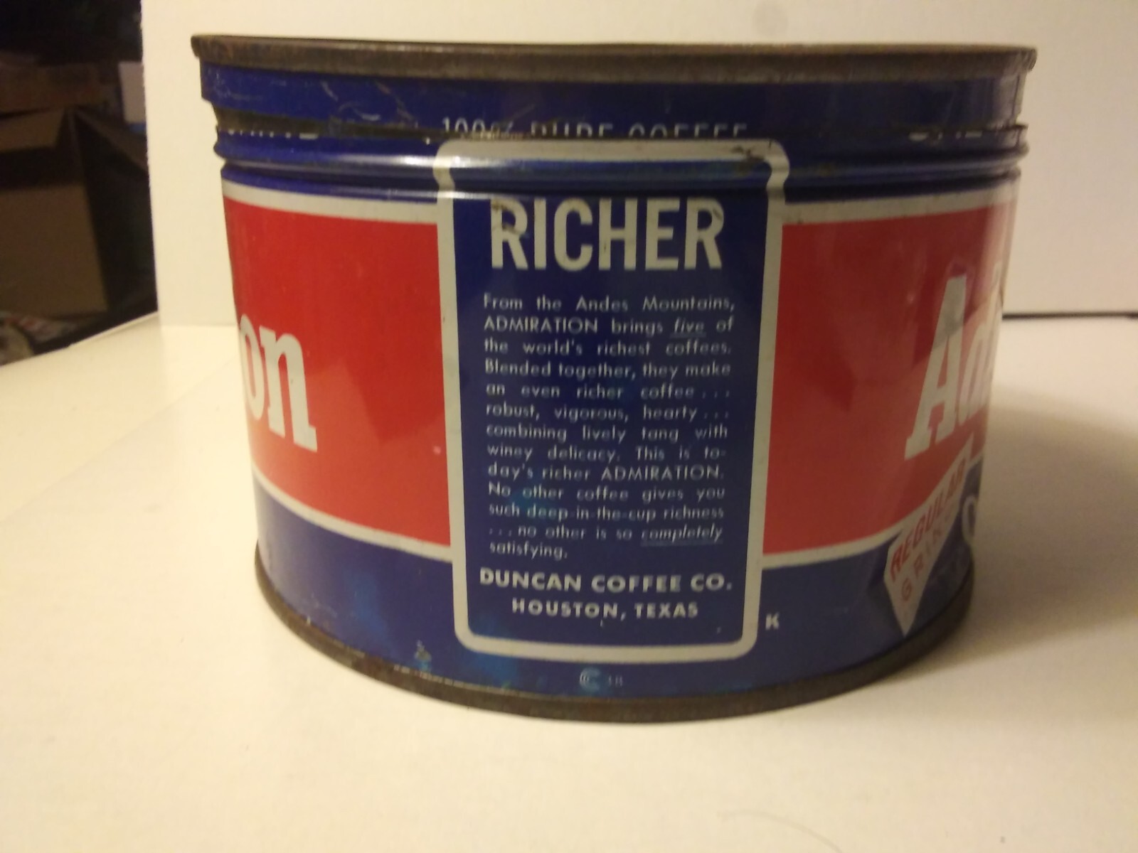 Admiration Coffee Tin, 1 lb. key-wind, empty; Duncan Coffee Co, Houston ...