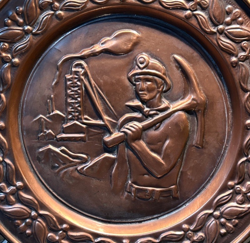 Vintage 12” Round Copper Wall Decor Plate Oil Derrick Man W/ Pickaxe ...