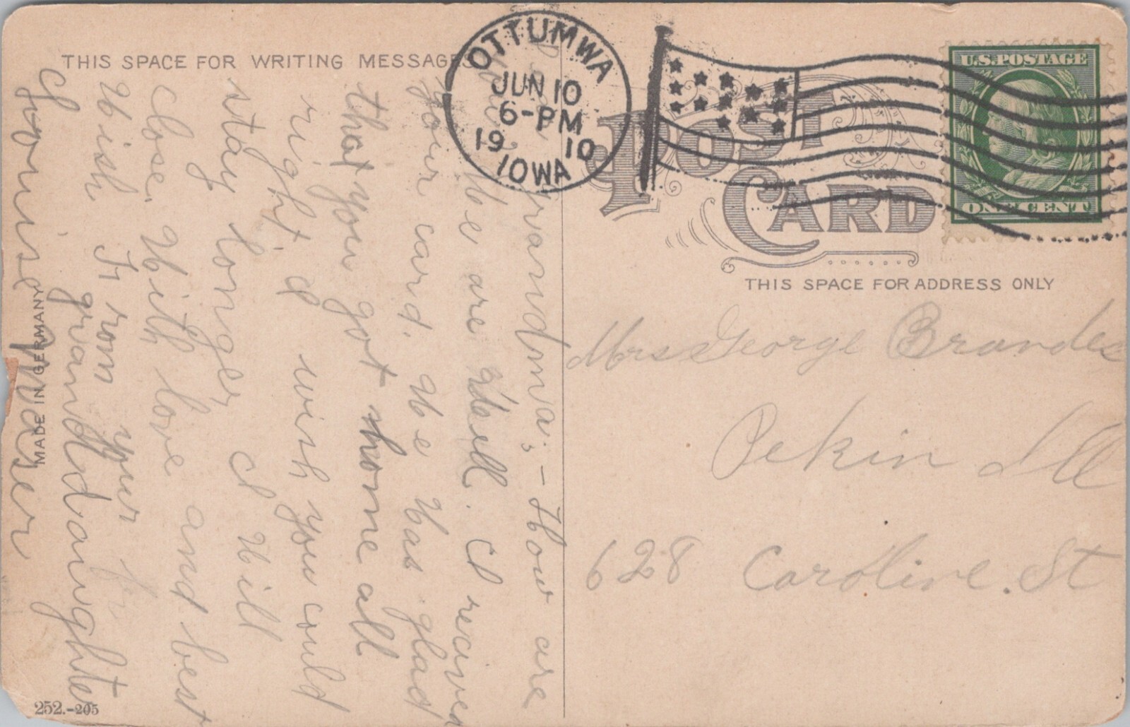 Postcard - Post Office Ottumwa Iowa Posted 1910 Flag Postmark Made in ...