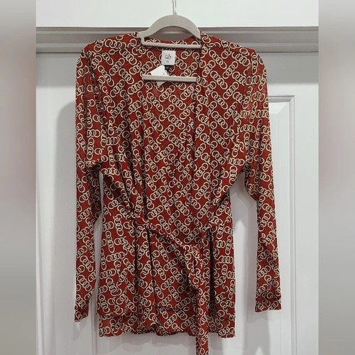 Cabi Women's Chain Link Pattern Long Sleeve Blouse Tie Waist Belted ...