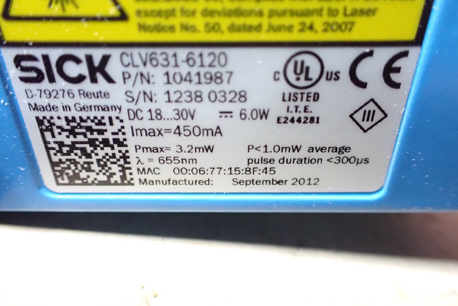 Sick CLV Oscillaing Mirror Barcode Scanner Ethernet -- CLV631-6120 ...