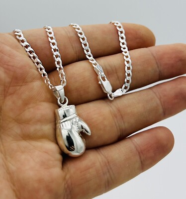 925 Solid Sterling Silver Single Boxing Glove Pendant 22 Inches Curb ...