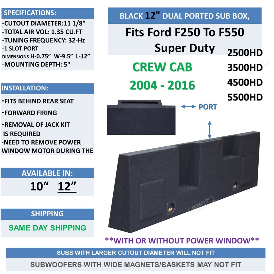 Fits Ford F250 Super Duty Crew-Cab 2004-2016 12" Ported Sub Box Sub ...