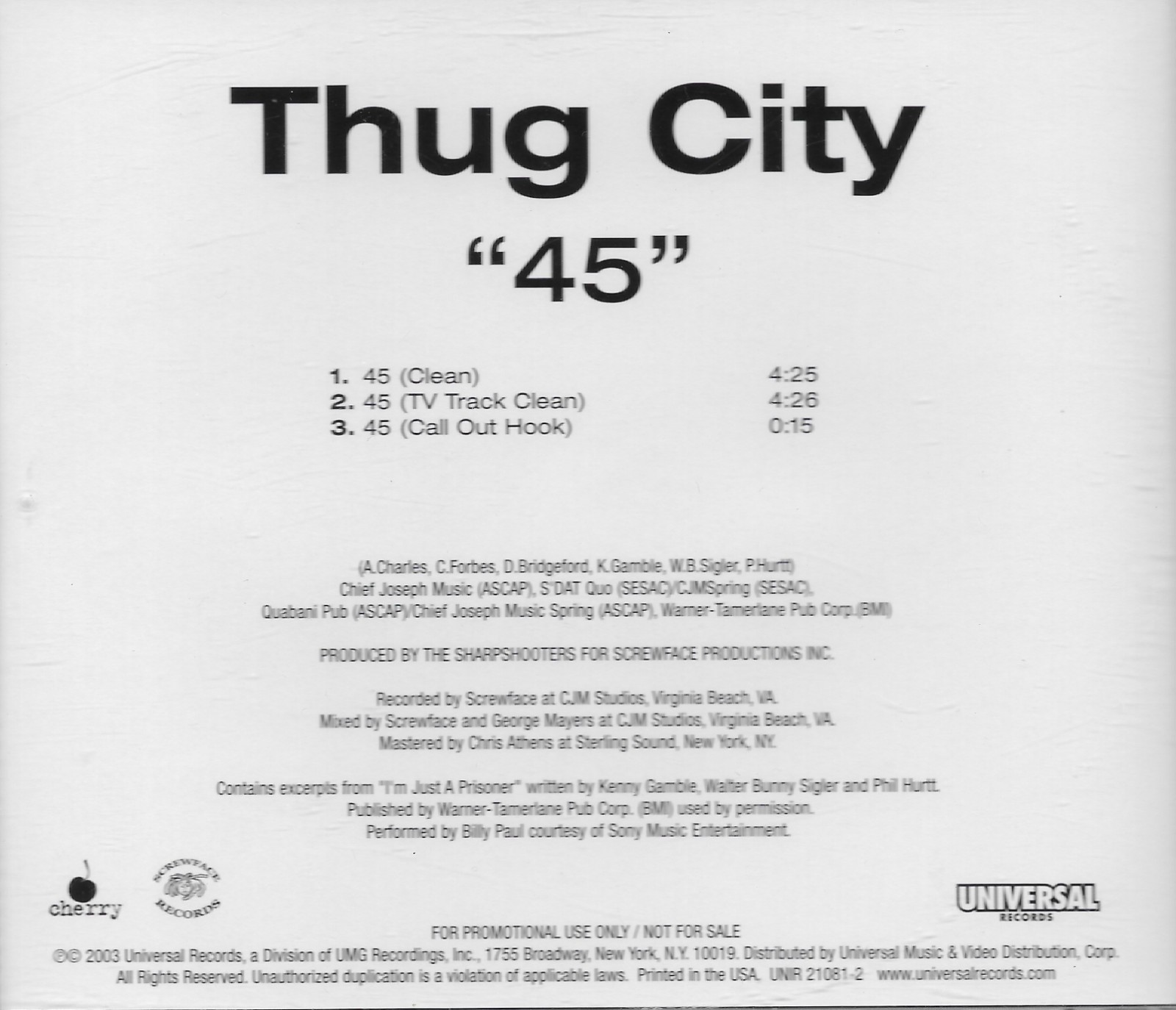 45 [Promo Single] by Thug City (Cd 2003) [2 versions+1] MINT" | eBay