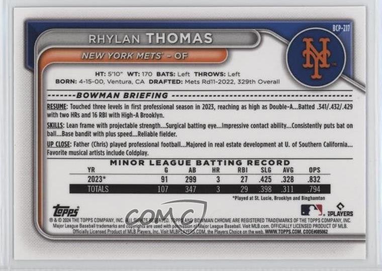 2024 Bowman Chrome Prospects Gold Refractor /50 Rhylan Thomas #BCP-217 ...