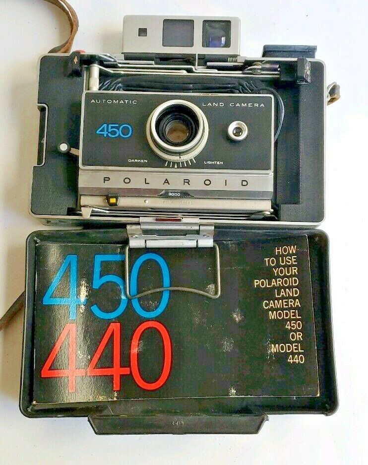 POLAROID 450 Automatic LAND CAMERA + Flash + Instructions Leather Strap ...