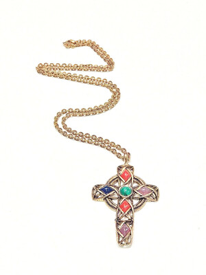 VINTAGE SIGNED - SOLOOR - Color Cabochon Jewel Gold Tone Cross Pendant ...