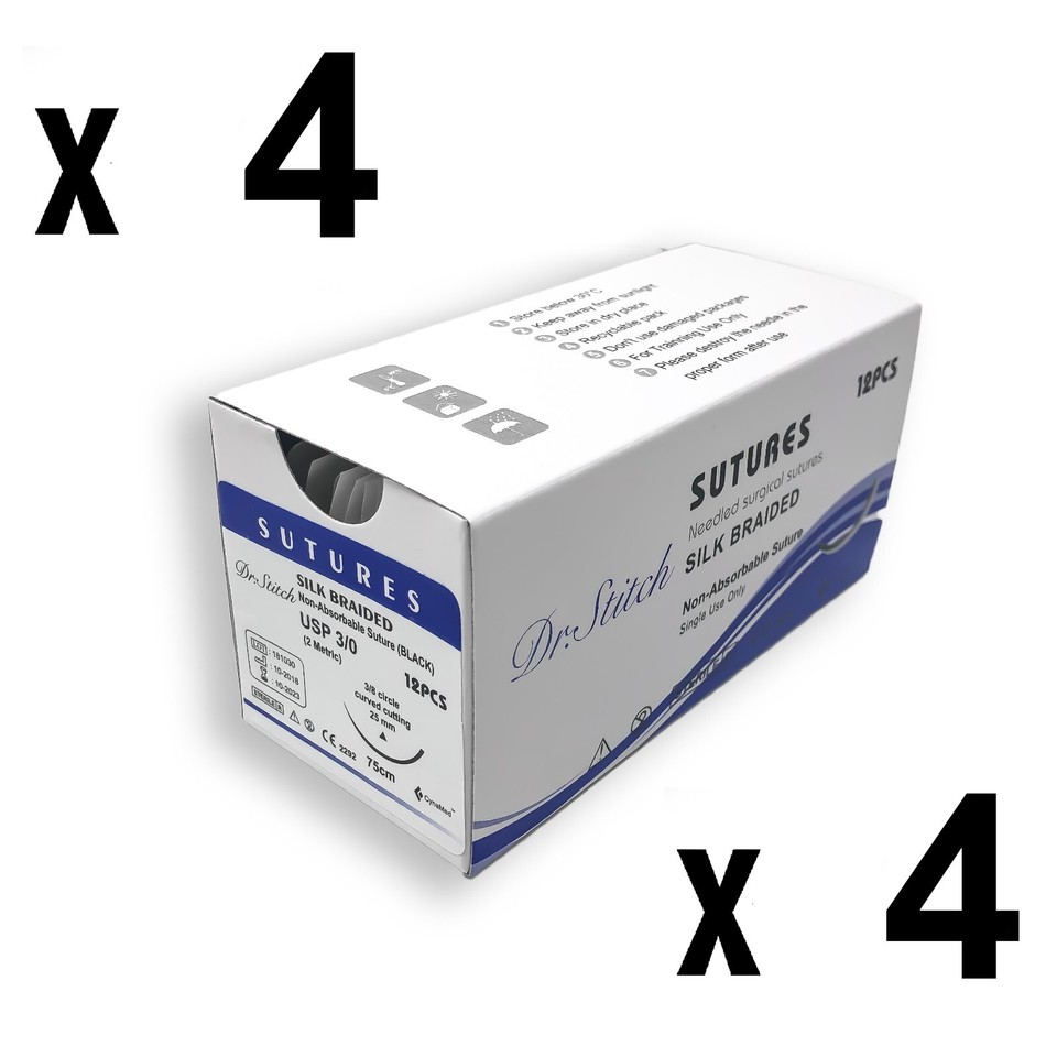 48/ Pack Training Surgical Sutures Silk Braided Sterile Black Vet-Med ...