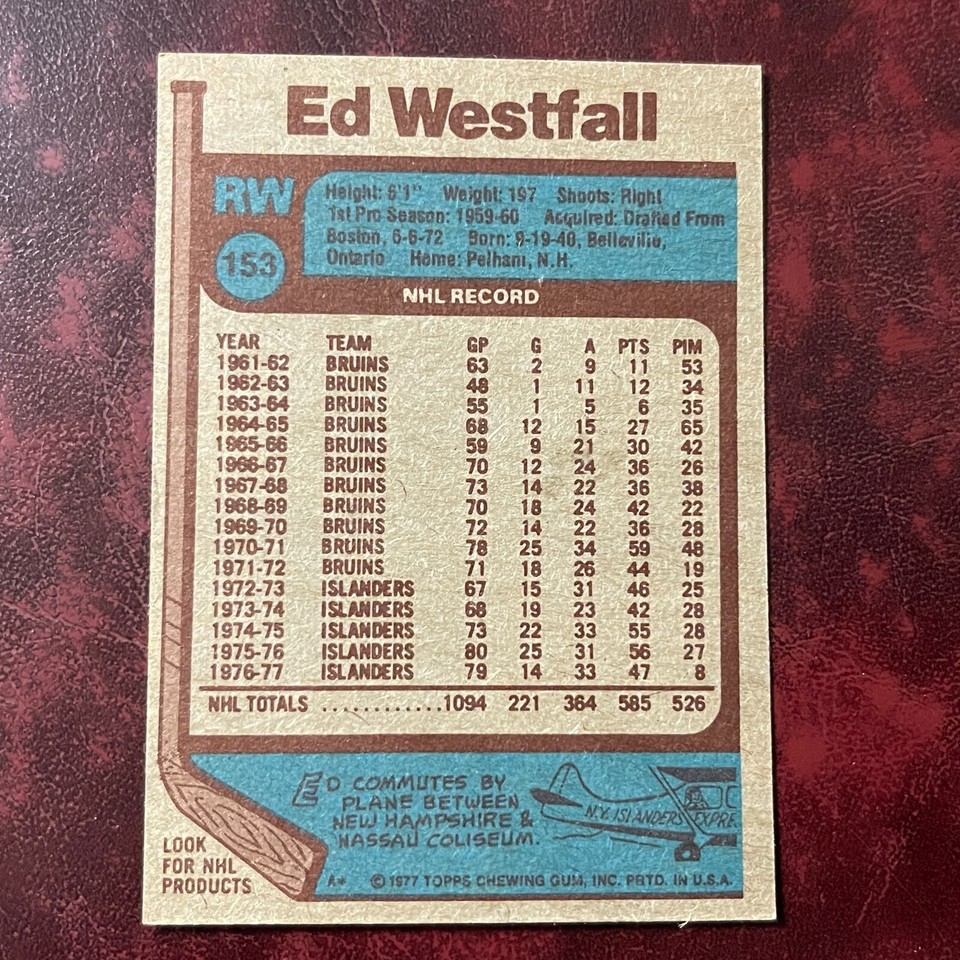 1977-78 Topps Set ED WESTFALL #153 NEW YORK ISLANDERS - NR-MINT *HIGH ...