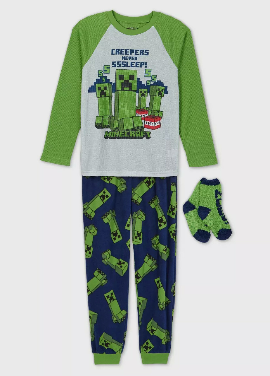 MINECRAFT Pajamas 3 pc Boys M L Creeper Lounge Pants Top & Socks Gift ...