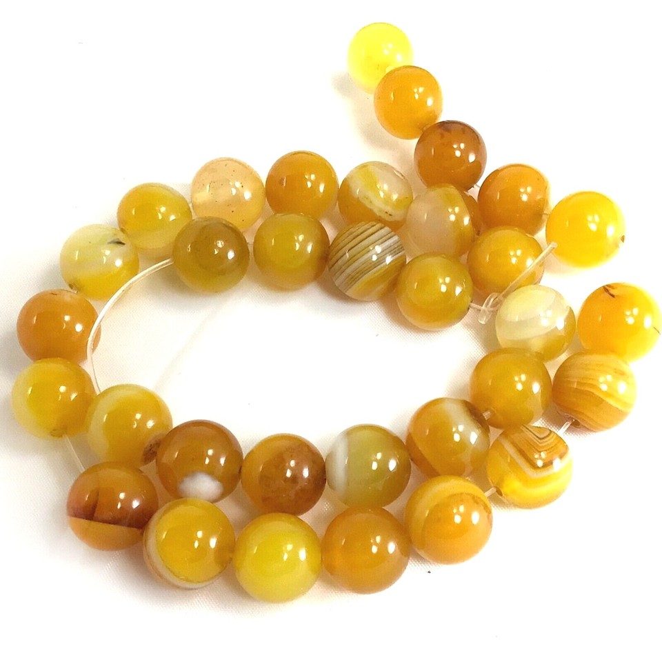 Natural Gold Yellow Stripe Agate Round Bead 15" Jewelry Making Gemstone ...