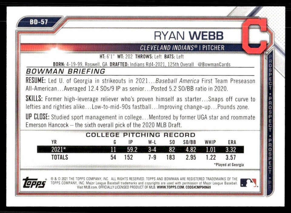 2021 Bowman Draft Ryan Webb G388 Cleveland Indians #BD-57 | eBay