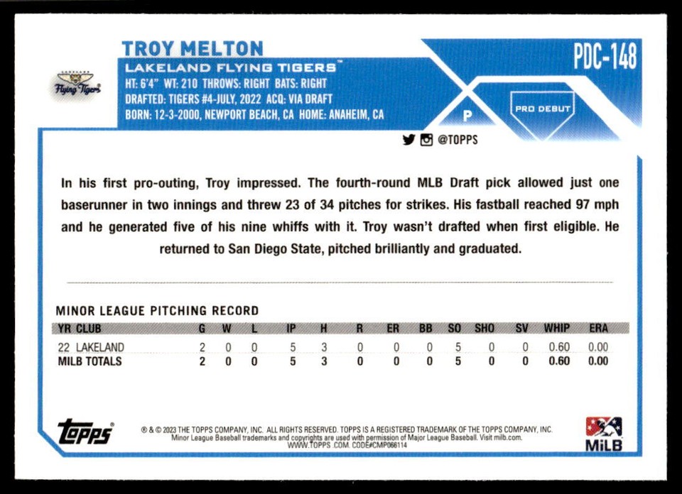 2023 Topps Pro Debut Chrome PDC148 Troy Melton Tigers Baseball Card | eBay