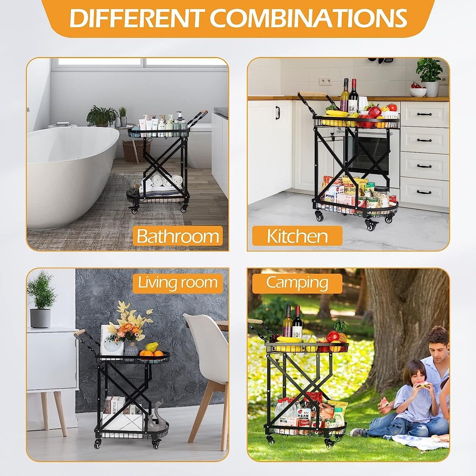 2-Tier Multi Functional Collapsible Shopping Carts Metal Mobile Folding ...