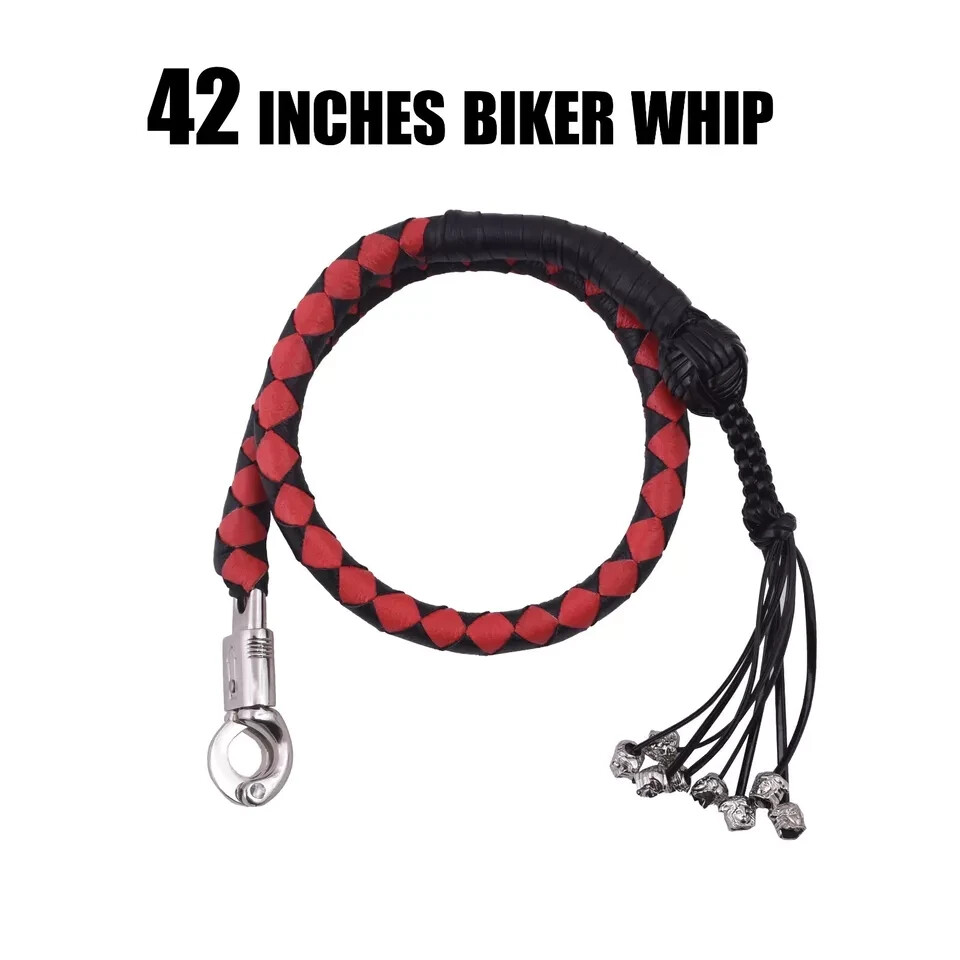 Leather Motorcycle Whip Get Back 1 Ball & Skulls 42" Handlebar Red ...