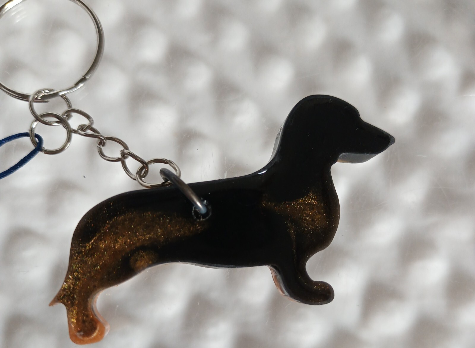 Dachshund Keyring. Black & Tan sausage dog. Keyring with blue tassle ...