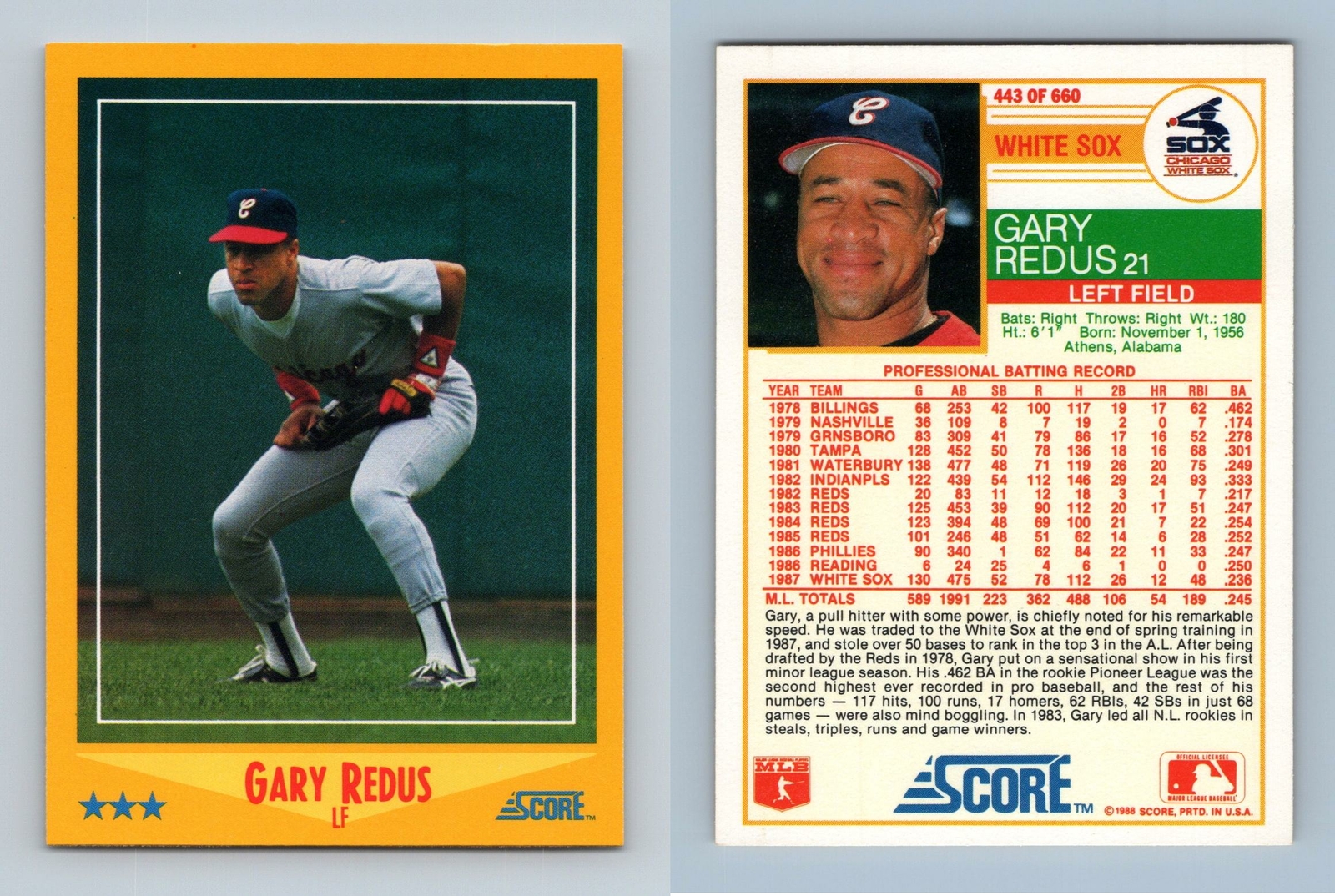Gary Redus - White Sox #443 Score 1988 Baseball Trading Card | eBay