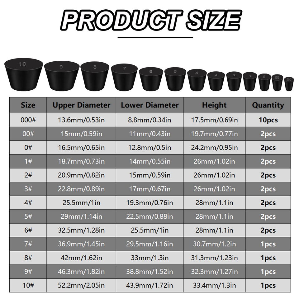30Pcs 000#-10# Black Solid Rubber Stopper 13 Sizes Tapered Shaped ...