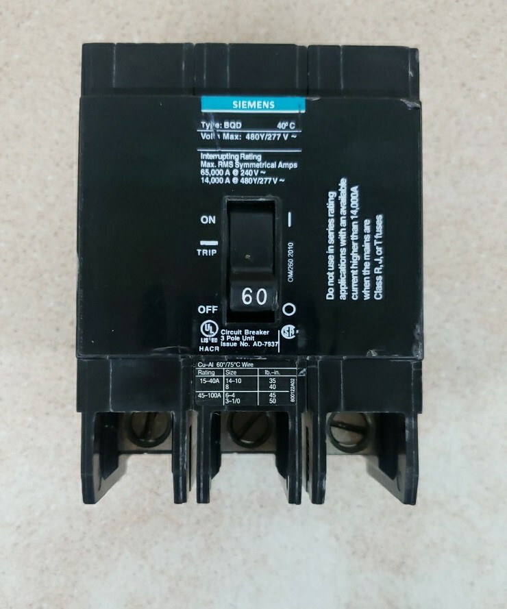1-Siemens BQD360 60 Amp 480Y/277 VAC 3 Pole Type BQD Bolt-On Breaker | eBay