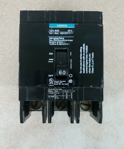 1-Siemens BQD360 60 Amp 480Y/277 VAC 3 Pole Type BQD Bolt-On Breaker | eBay