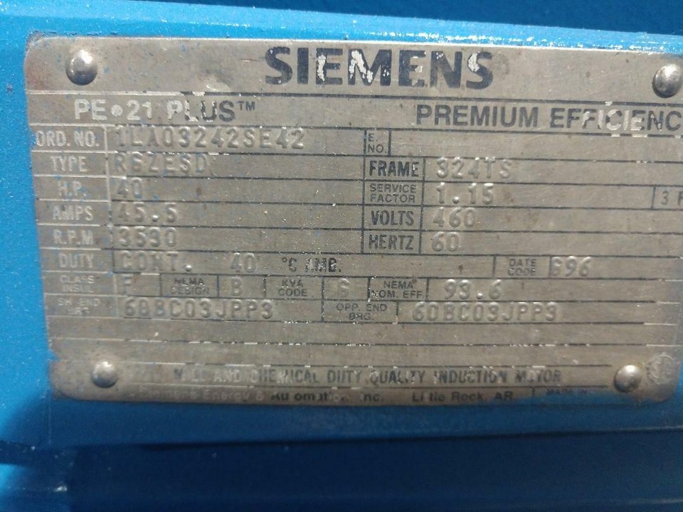 Siemens 40hp 460v motor RGZESD, 3530 rpm, 324TS frame, reconditioned ...