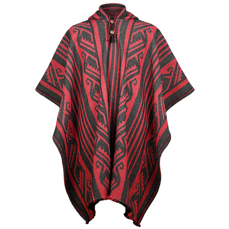 LLAMA WOOL UNISEX SOUTH AMERICAN PONCHO PULLOVER BLACK&RED AZTEC ...