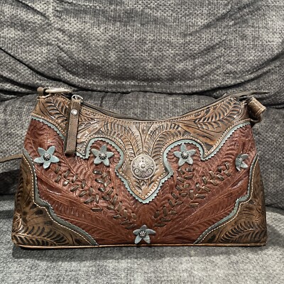 American West Desert WildFlower Texas Tooled Genuine Leather Handbag ...