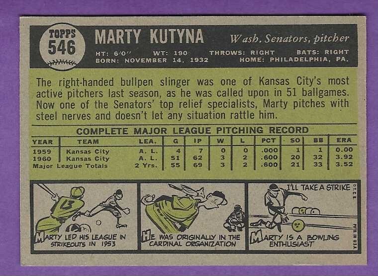 1961 Topps - #546 Marty Kutyna - Washington Senators - ExMt+ CENTERED ...