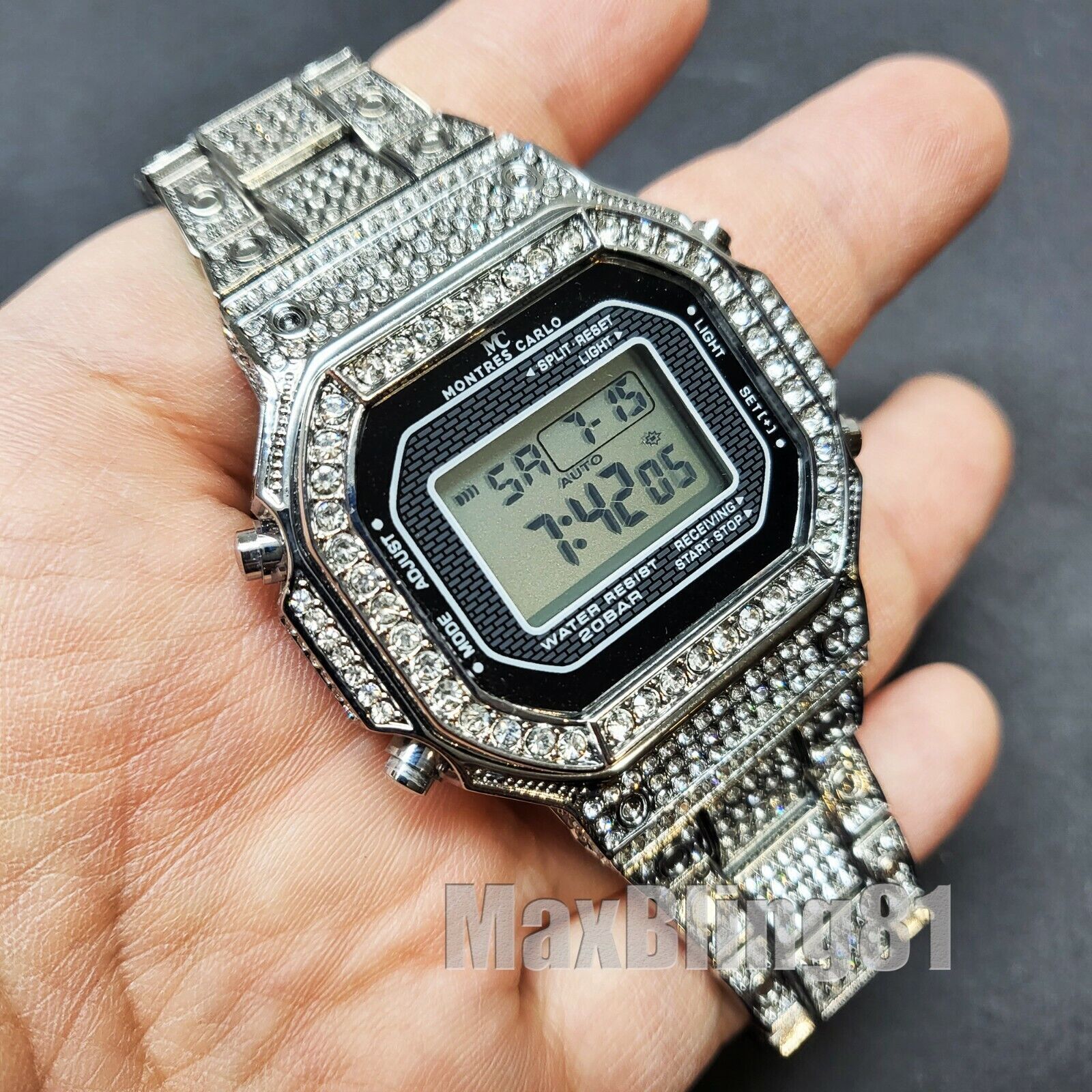 ICED STAINLESS STEEL BLING SIMULATED DIAMOND METAL BAND DIGITAL DATE ...