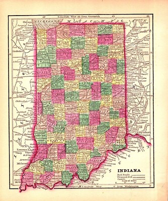 "INDIANA" Antique authentic hand colored miniature map 1857 | eBay