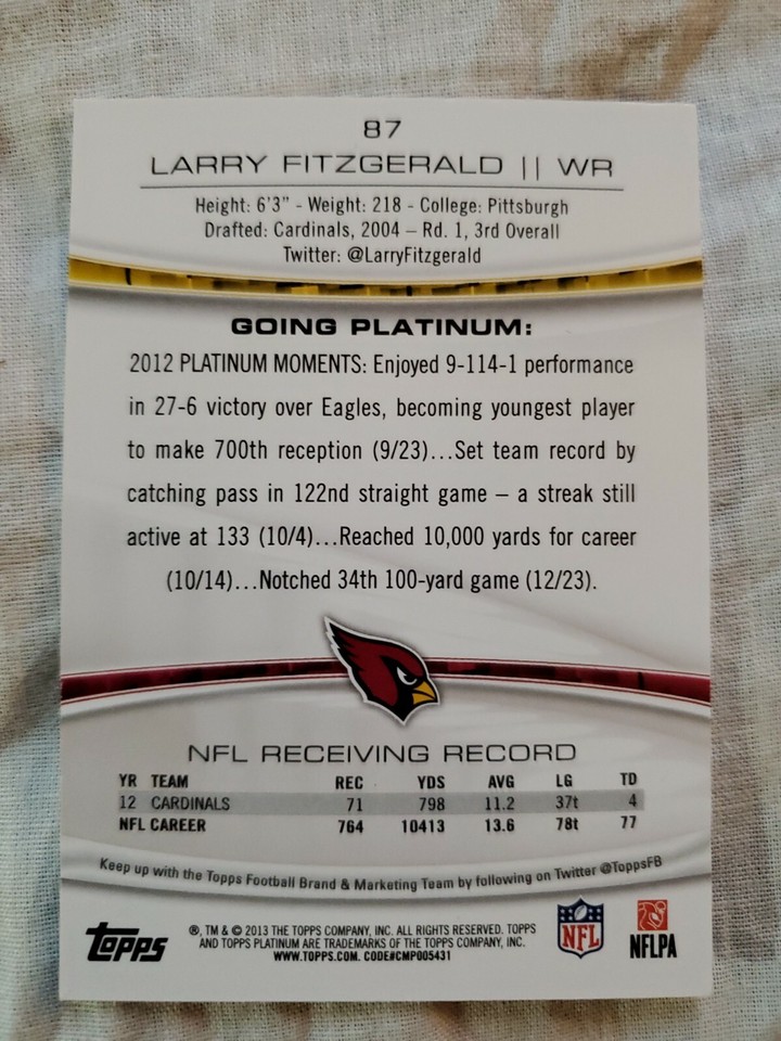 2013 Topps Platinum Larry Fitzgerald BLUE CIRCLES PARALLEL card #87 | eBay