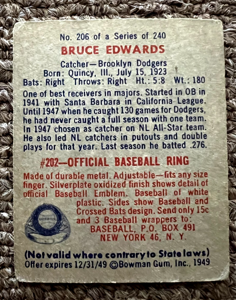 1949 BRUCE EDWARDS #206 BOWMAN BASEBALL CARD | eBay