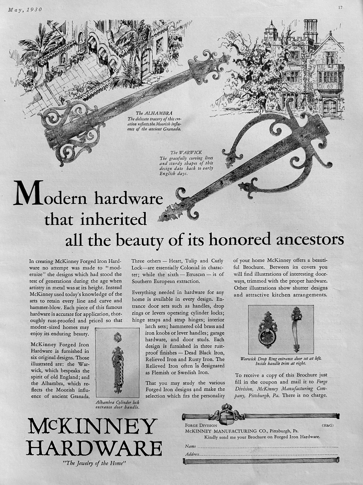 McKinney Forged Iron Hardware Ad 1930 Alhambra & Warwick Designs ...