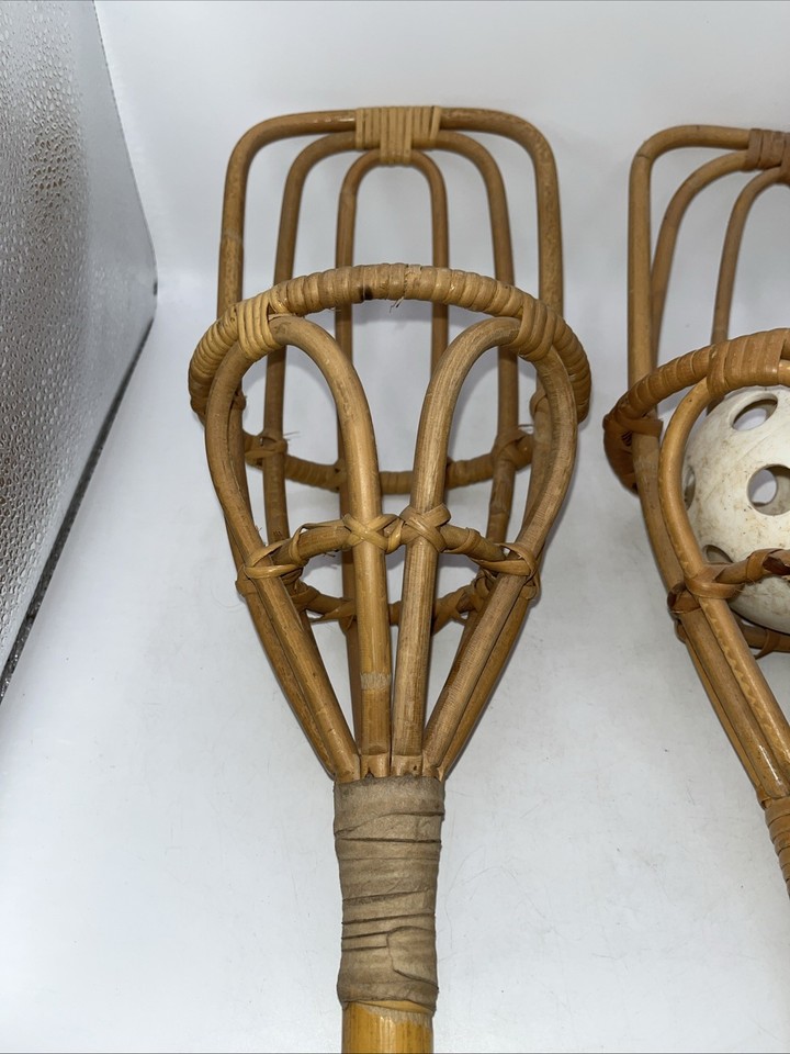 Vtg Bamboo Wicker Rattan Woven Takraw Ball Toss Gme Scoop Racket Set of 2 + Ball | eBay
