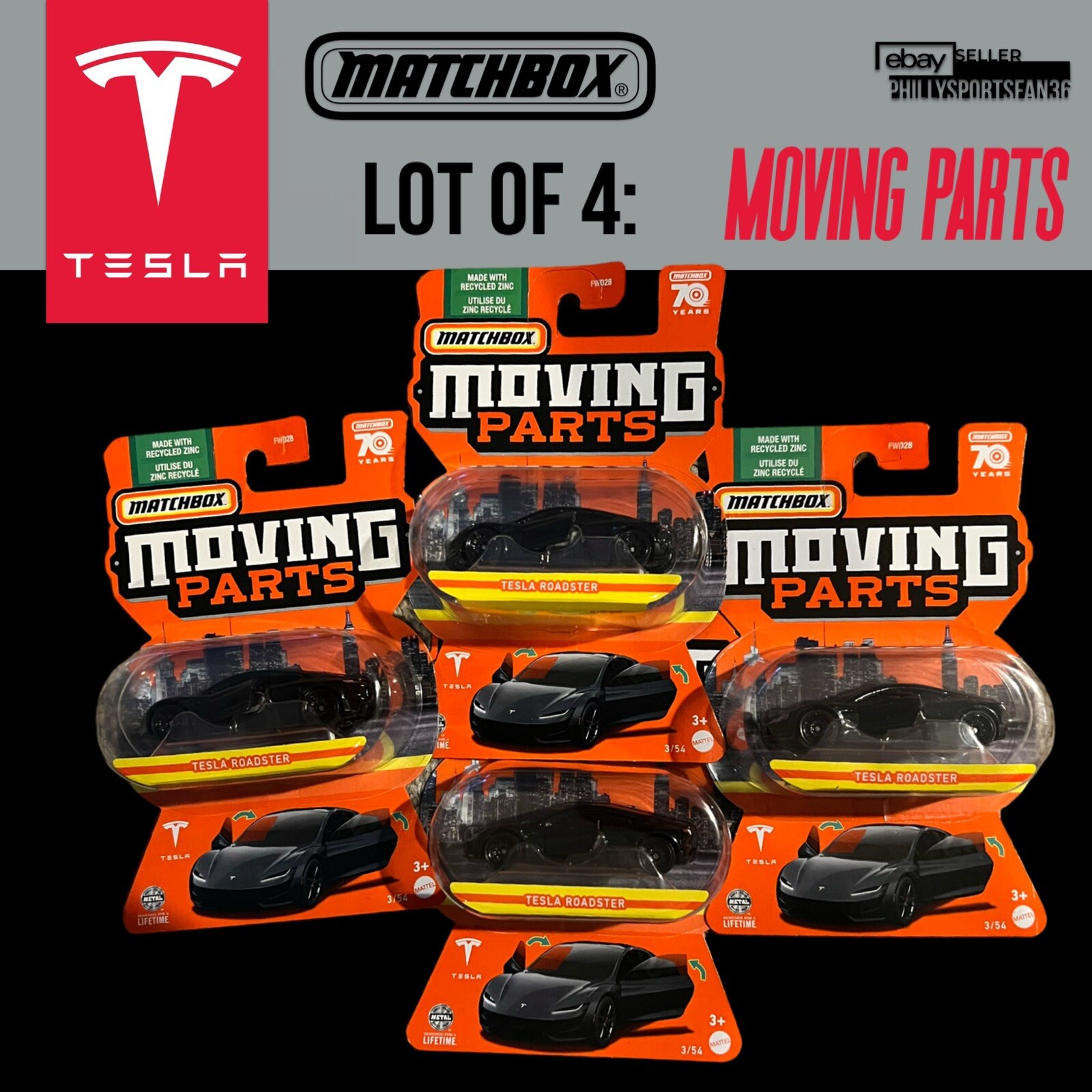 Lot Of 4: 2023 MATCHBOX MOVING PARTS, TESLA ROADSTER # 3/54 New 70th ...