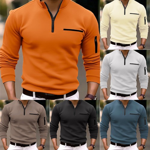 Men Tee Shirt Long Sleeve T-shirt 1/4 Zip Sport Solid Business Golf Top ...