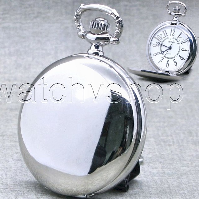 Silver Pocket Watch Plain Polish Case White Dial Men Gift Fob Chain ...