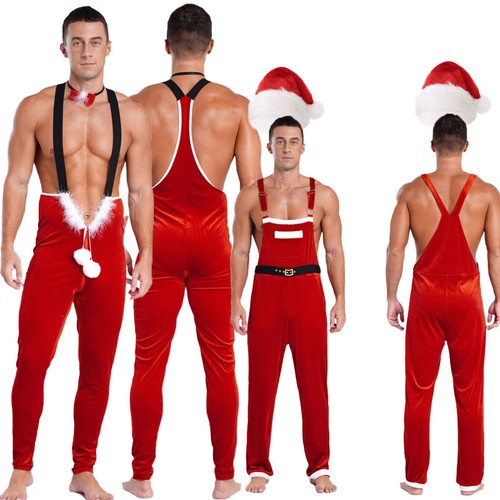 UK Men's Santa Claus Christmas Costume Flannel Dungarees Overalls ...