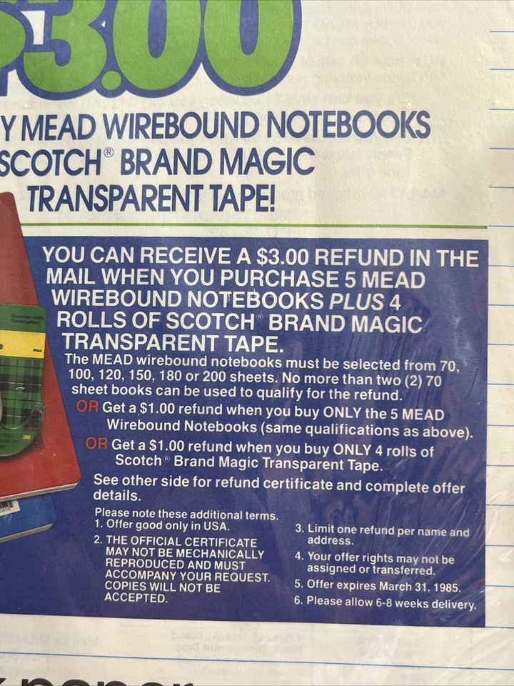 Mead Loose Leaf Paper Wide Ruled Notebook VTG 1985 Scotch Magic Tape ...