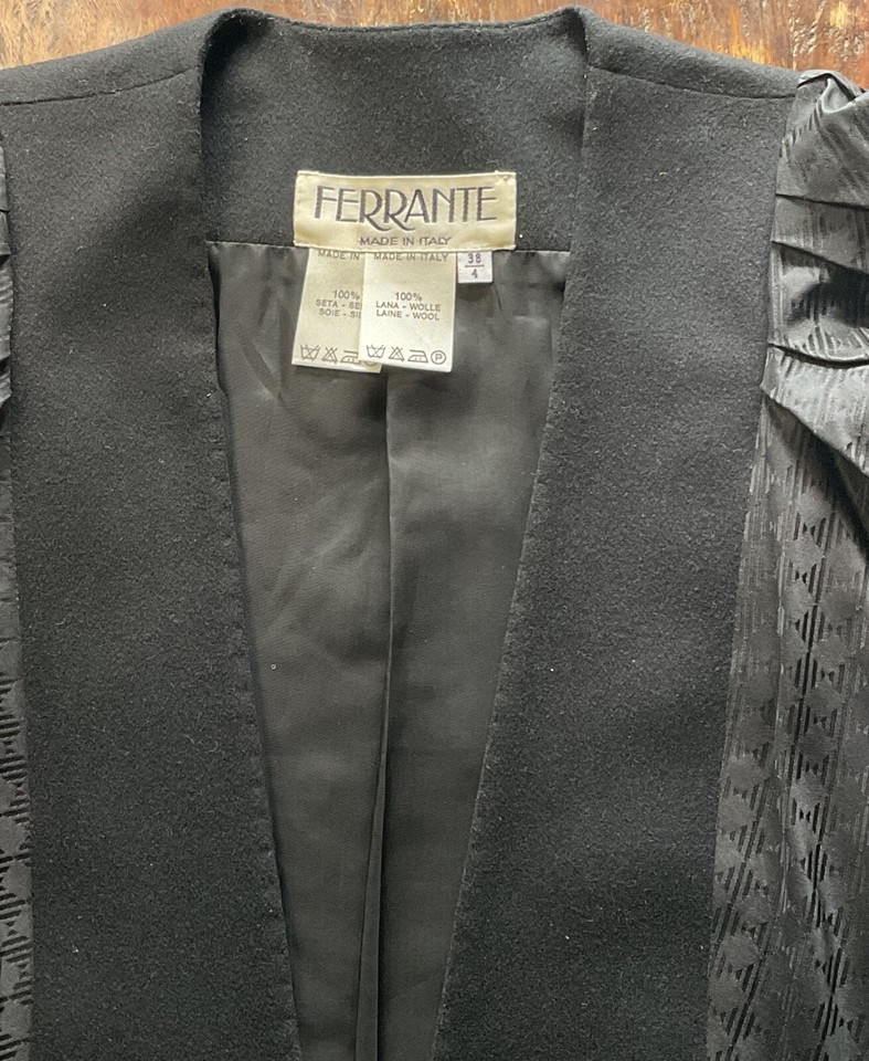 Ferrante Ink Black Jacket & Skirt Suit w/Pockets 100% Silk Made in ...