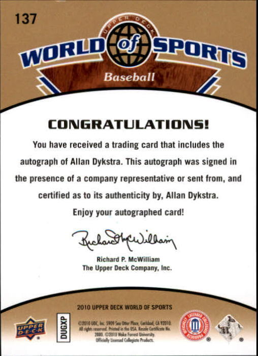 2010 Upper Deck World of Sports Autographs #137 Allan Dykstra | eBay