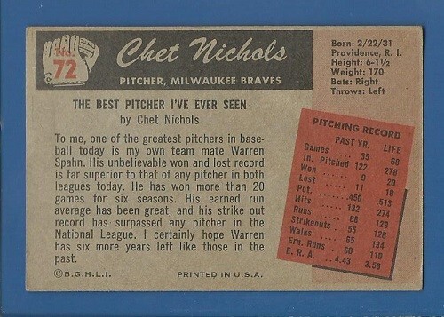 1955 BOWMAN # 72 CHET NICHOLS MILWAUKEE BRAVES VGEX | eBay