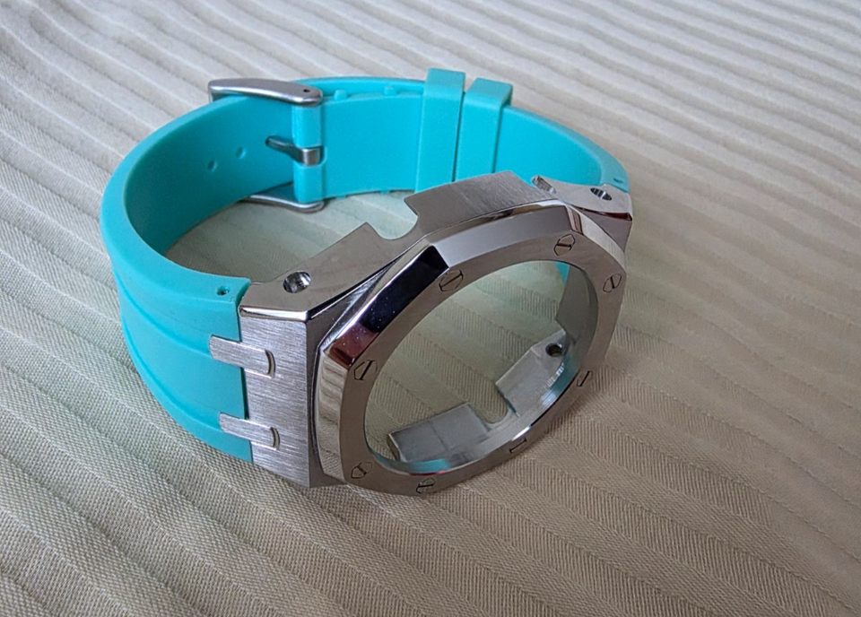 Casio G-Shock GA2100 Casioak Mod kit Baby Blue rubber strap W/ Silver ...