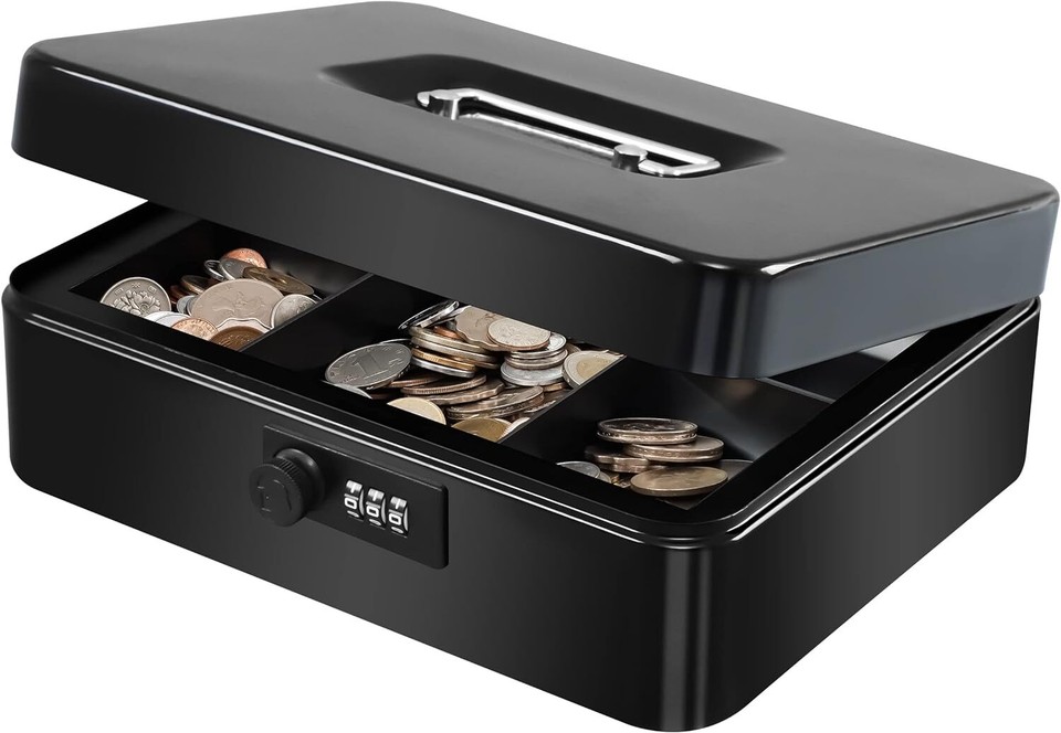 Large Cash Box with Combination Lock Safe Metal Money Box with Money ...